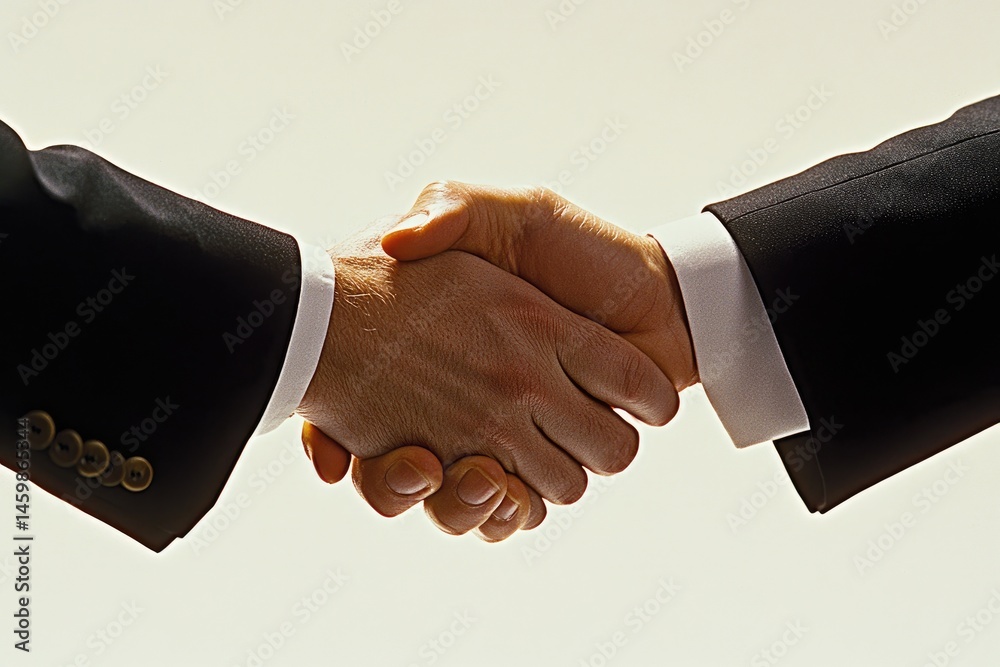 Business handshake. Two people shaking hands in formal attire against a ...