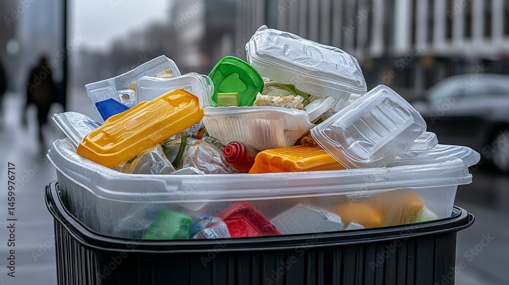 ภาพถ่าย Stock Pile of Used Plastic Food Containers in a Trash Bin ...