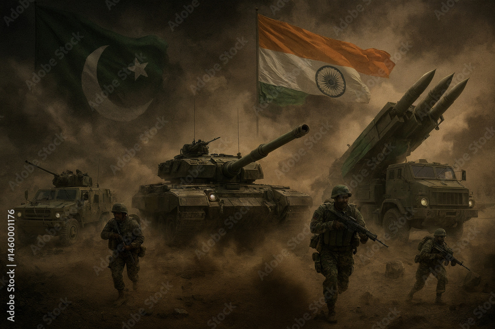 National flags of India and Pakistan loom over a battlefield with ...