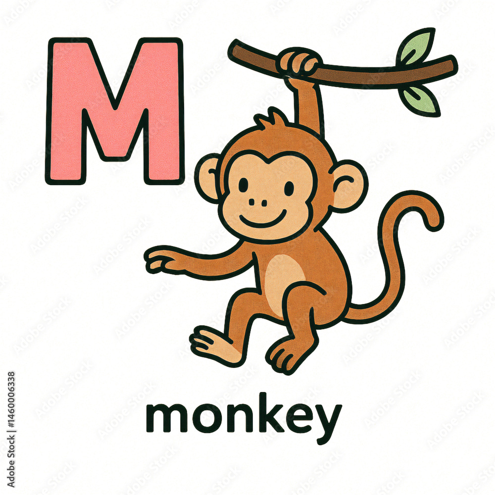 Alphabet Flashcard Letter M with Mischievous Monkey Swinging for ...