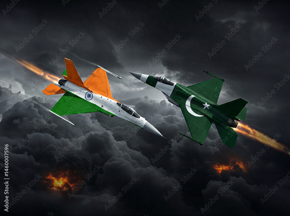 Indian and Pakistani fighter jets with national flags engage in a fiery ...