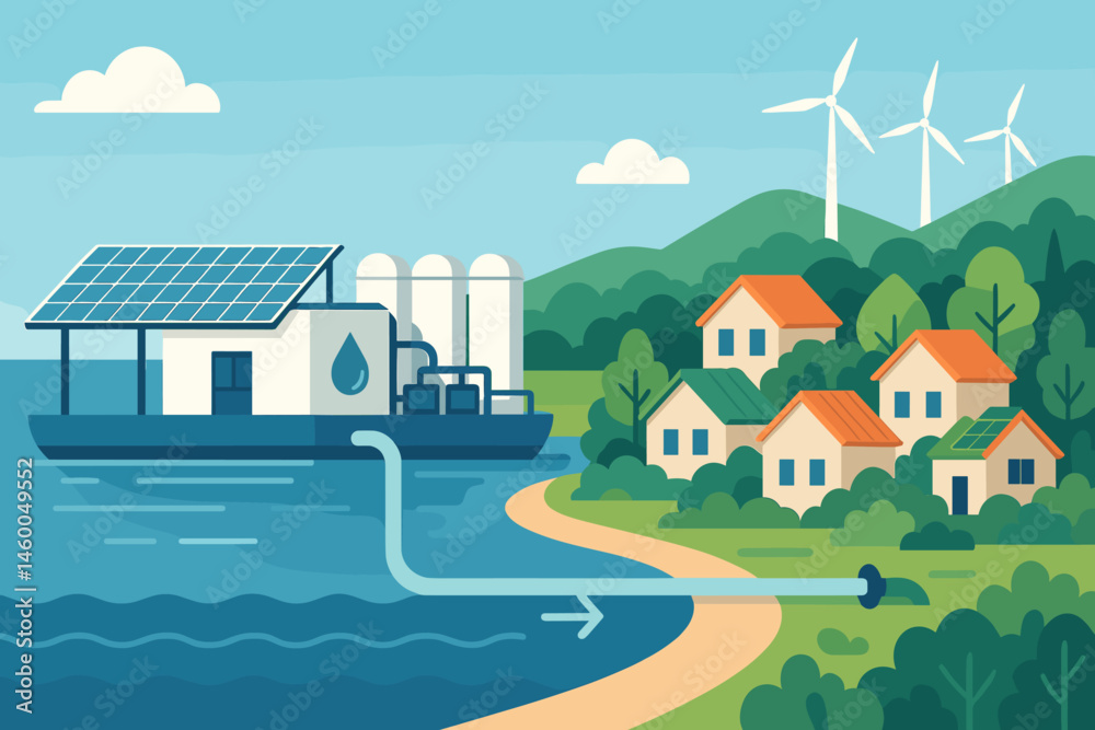 Flat hydro-solar scene with PV rafts, desal unit, and bamboo huts の ...