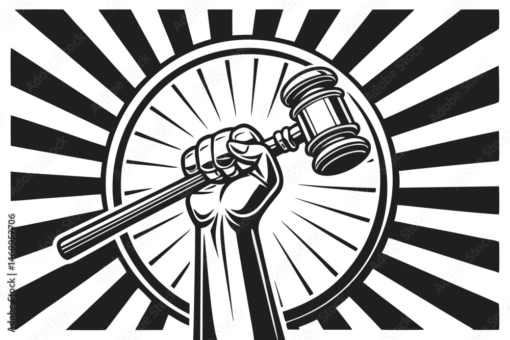62 Black and white illustration, raised fist holding a gavel, circular ...