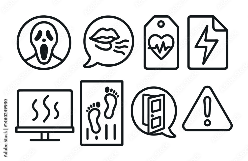 Line style icons of horror sound effects: scream icon, whisper badge ...