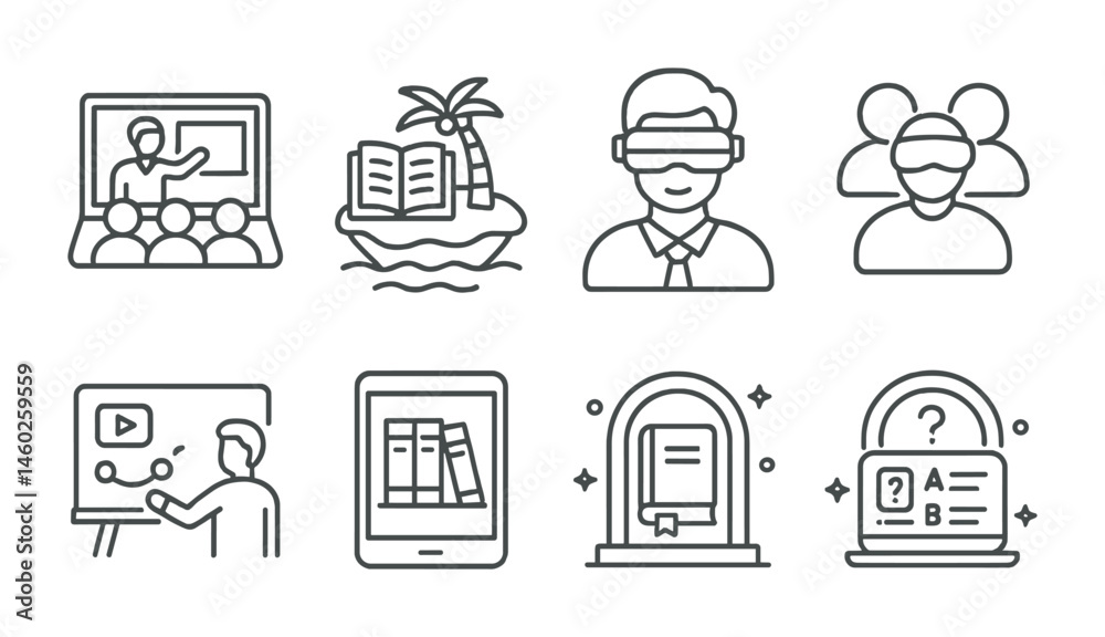 Vector de Stock Line style icons of metaverse: virtual classroom, learning island, instructor ...