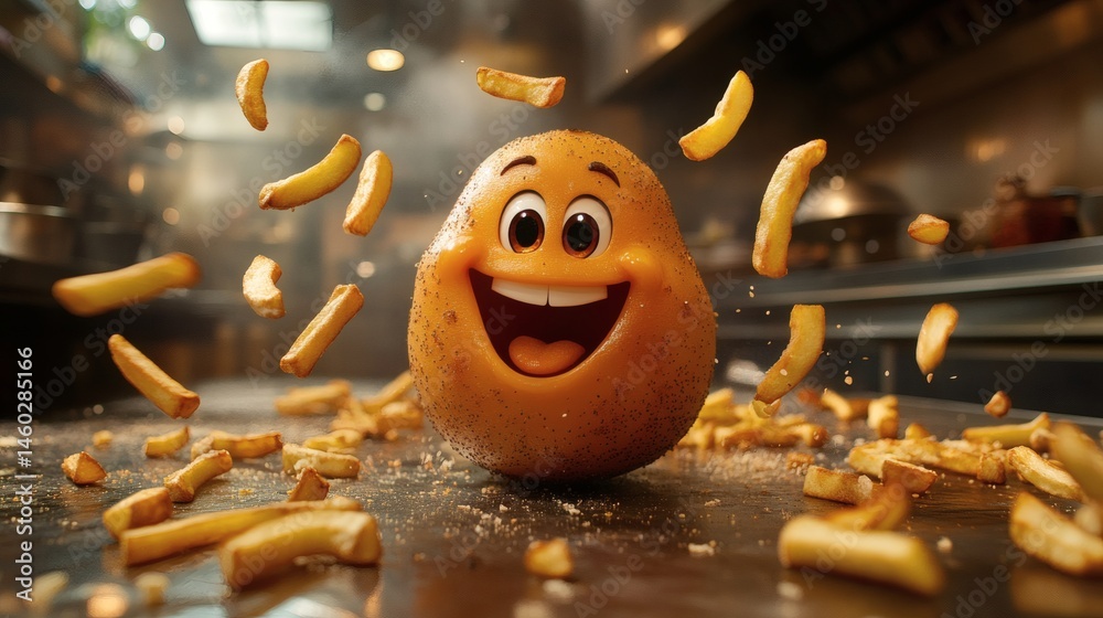 Happy potato character with joyful expression surrounded by crispy ...