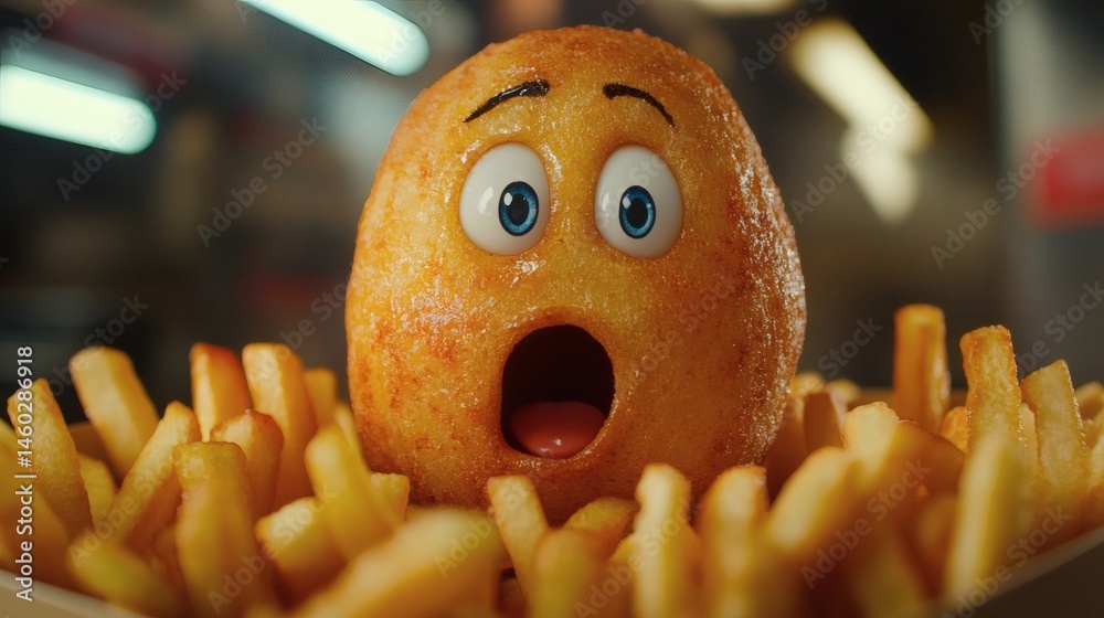 Surprised potato character with big eyes and open mouth stands in fresh ...