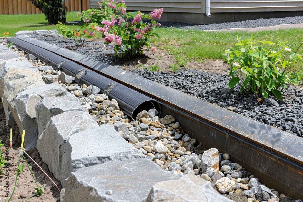 French drain system installation with gravel bed shows pro landscaping ...