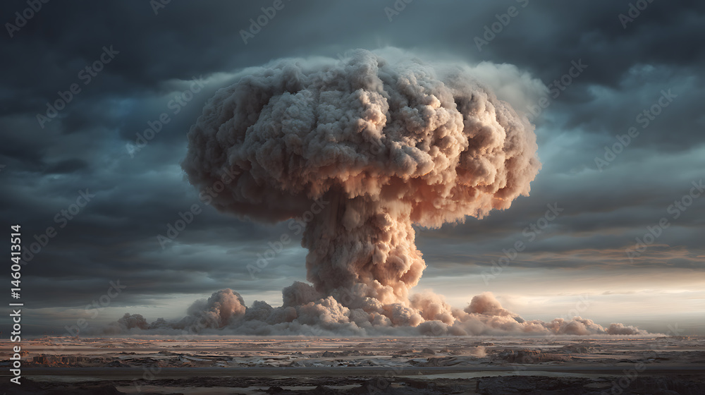 Powerful blow of a nuclear explosion with a mushroom of smoke, world ...