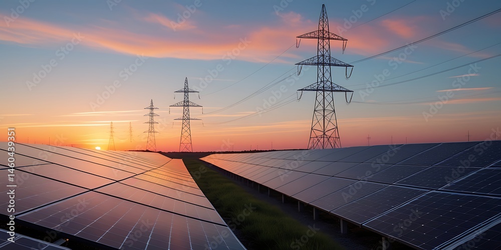 Solar energy panels and electrical transmission towers at sunset ...
