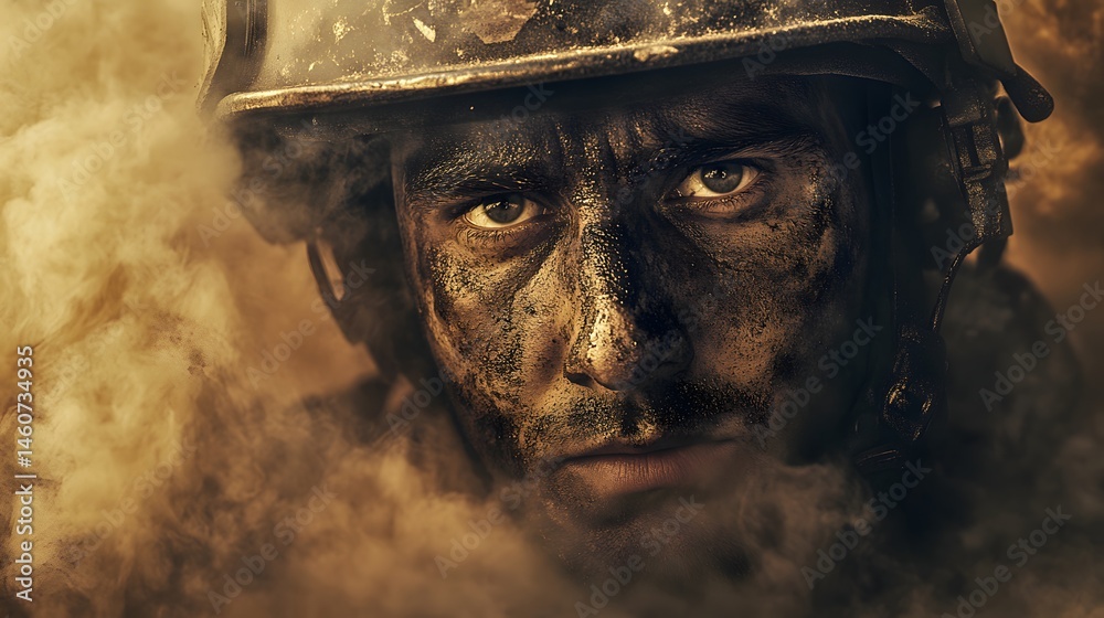 Firefighter's Face in Action: A firefighter's face with intense focus ...