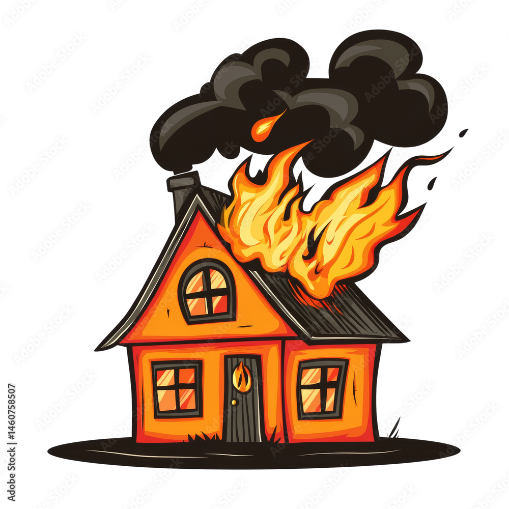 Cartoon depiction of a dwelling consumed by vibrant flames, smoke ...
