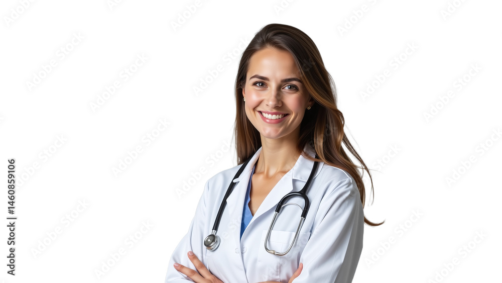 Thoughtful female doctor in profile view, Wearing stethoscope and white ...