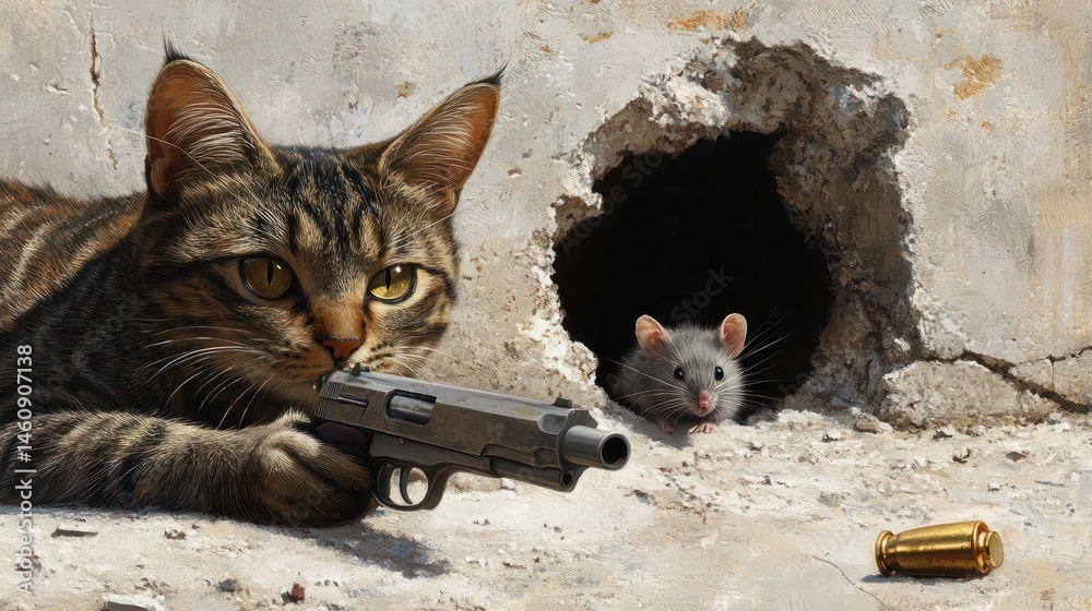 A cat, armed with a pistol, confronts a rat hiding in a hole の Stock ...