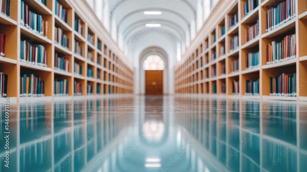Elegant Indoor Library with Rows of Bookshelves and Reflective Floor ...