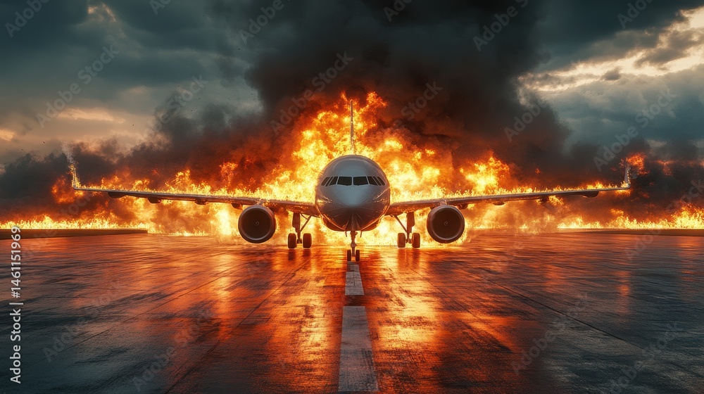 Ilustración de Stock Airplane on fire on the runway with black smoke ...