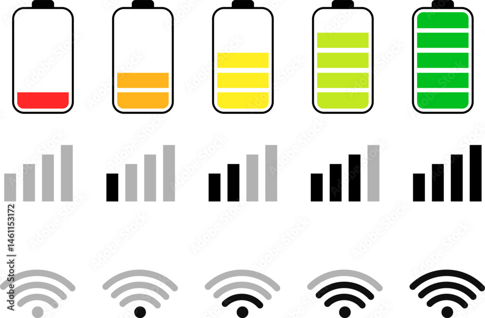 Wifi battery icon. Status bar symbol. Battery indicator symbols. Energy ...