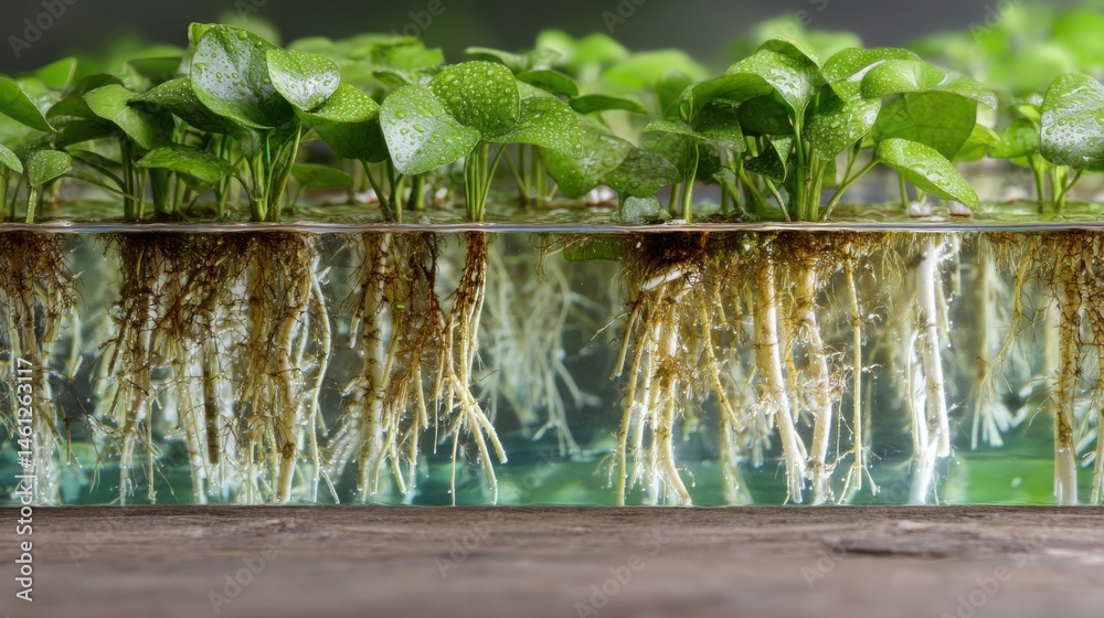 Hydroponic plants are thriving in a clear water medium, displaying ...