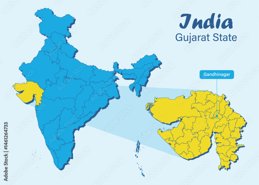 Map showing India with Gujarat highlighted, including all districts and ...