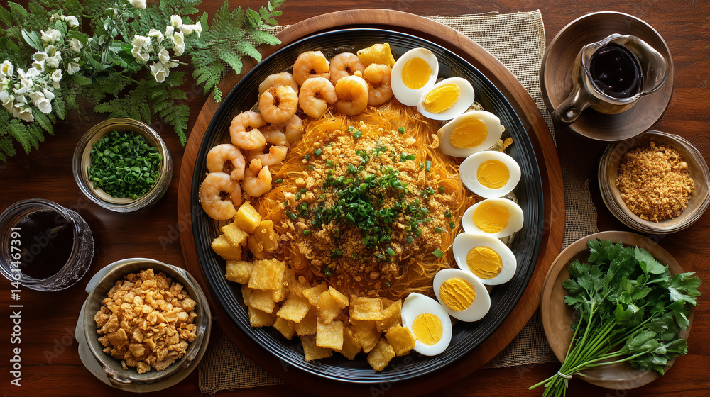 Overhead view of pancit, Filipino noodle dish, palabok with rich orange ...