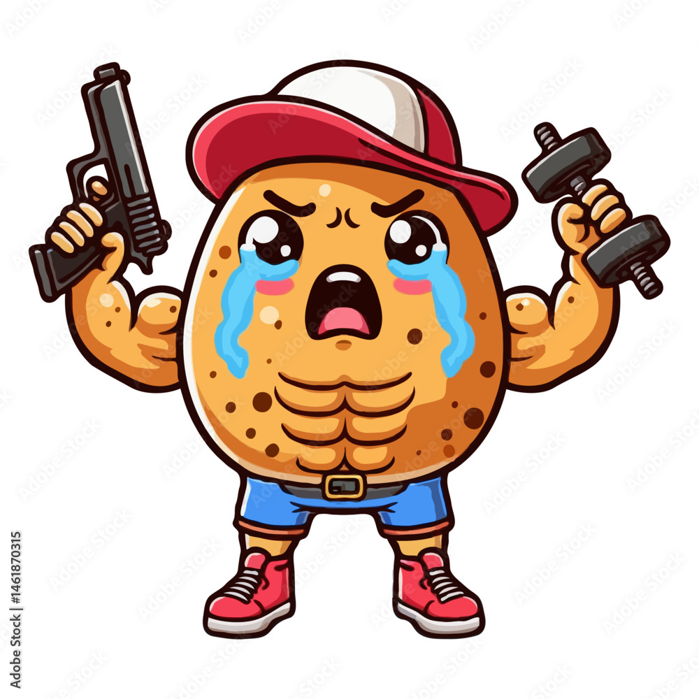 Crying Potato with Guns and Dumbbells Stock Vector | Adobe Stock