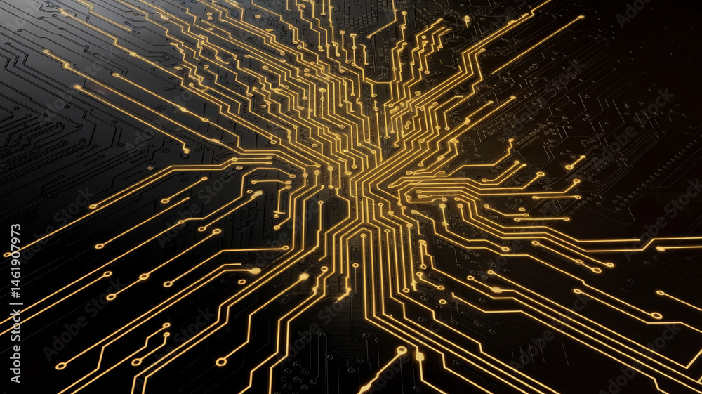 Abstract image of gold circuit board, showcasing intricate electronic ...