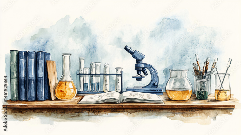 Watercolor illustration of a school science lab desk with books ...