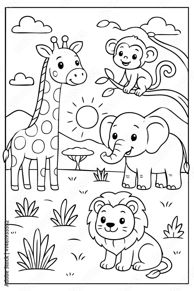 Cute jungle animals coloring page for kids with giraffe, monkey ...