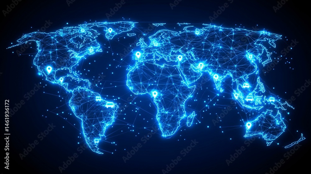 Global e commerce delivery map showing digital pins and animated van ...