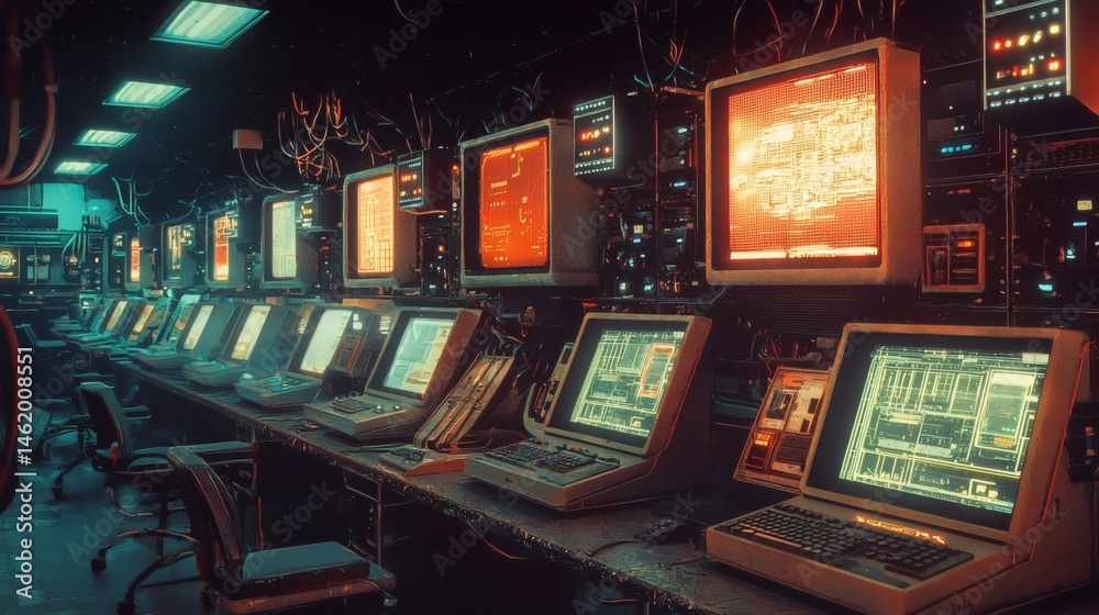 10. Retro computer lab filled with tubes and blinking lights operated ...