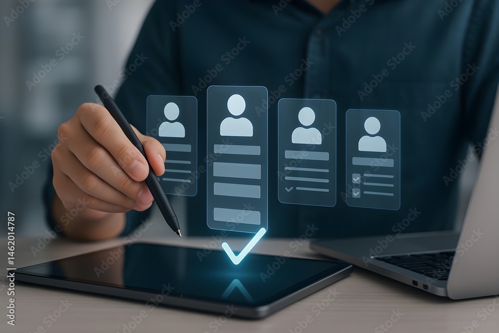Person reviewing digital profiles on a tablet. Stock Photo | Adobe Stock