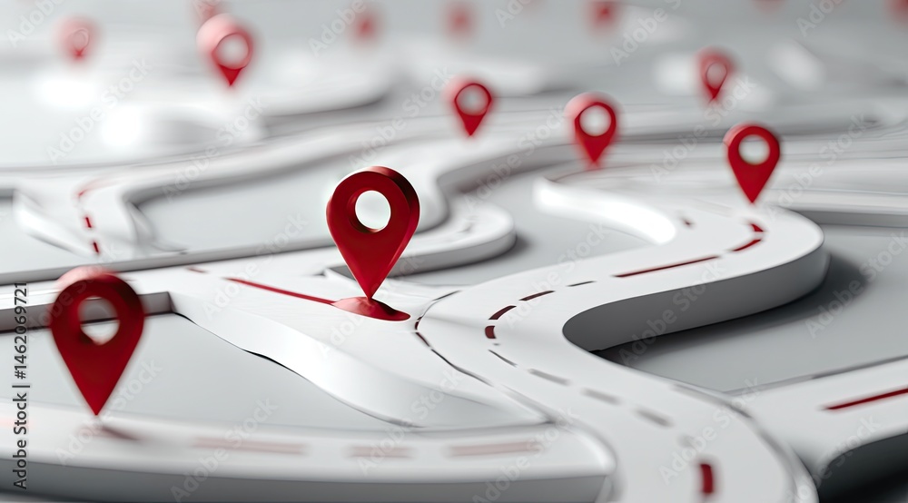 Complex network of routes marked with location markers. 3D rendering of ...