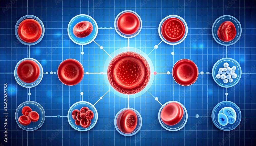 Blood testing screening biomarkers concept. Cellular structure with red ...