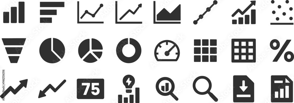 Analytics dashboard glyph icon set. Vector pictograms of percent, growth graph, decline, trend ...