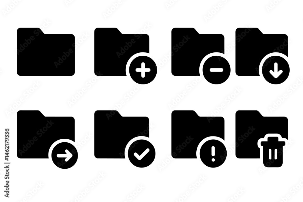 Vector illustration of folder icons with various action symbols for ...