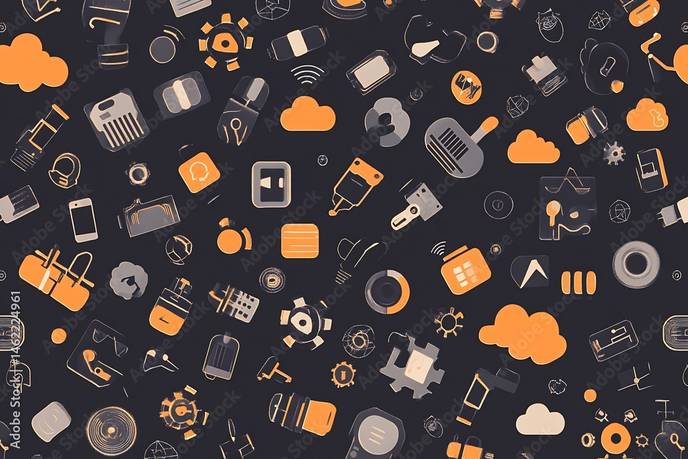 Flat tech themed pattern of icons like cloud gear AI chip Wi Fi battery ...