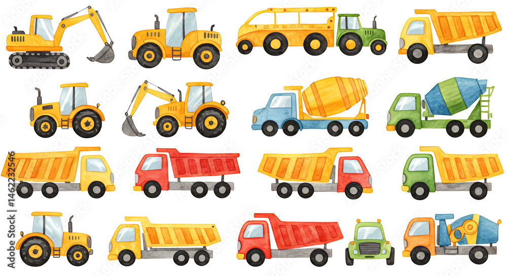 Construction vehicles cartoon vector illustration set excavator tractor ...