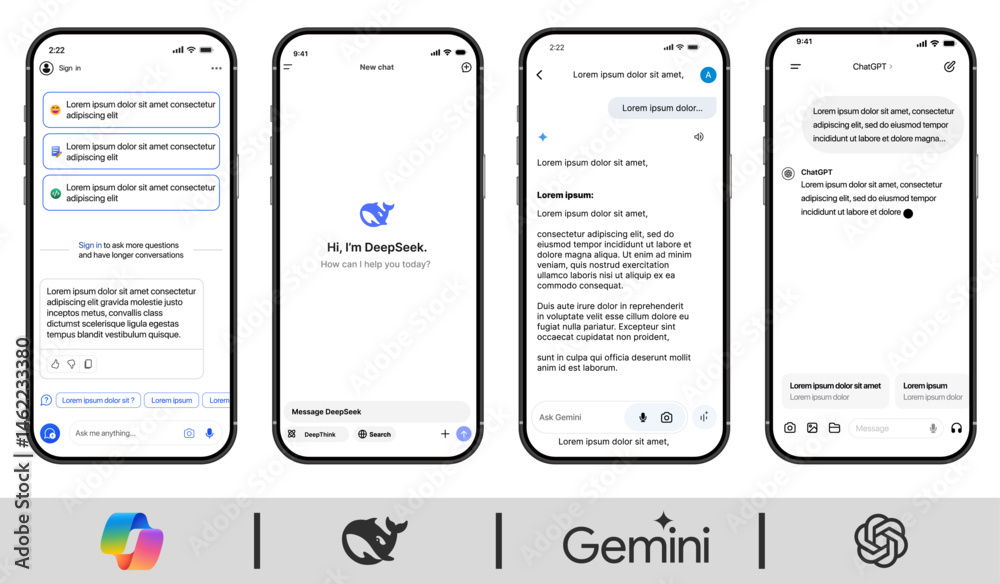 Vector de Stock chatgpt, gemini, deepseek,copilot UI mockup 2025. ai app chatgpt, gemini ...