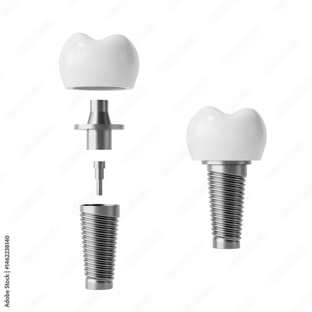Dental implant parts shown in assembled and exploded layout, metallic ...