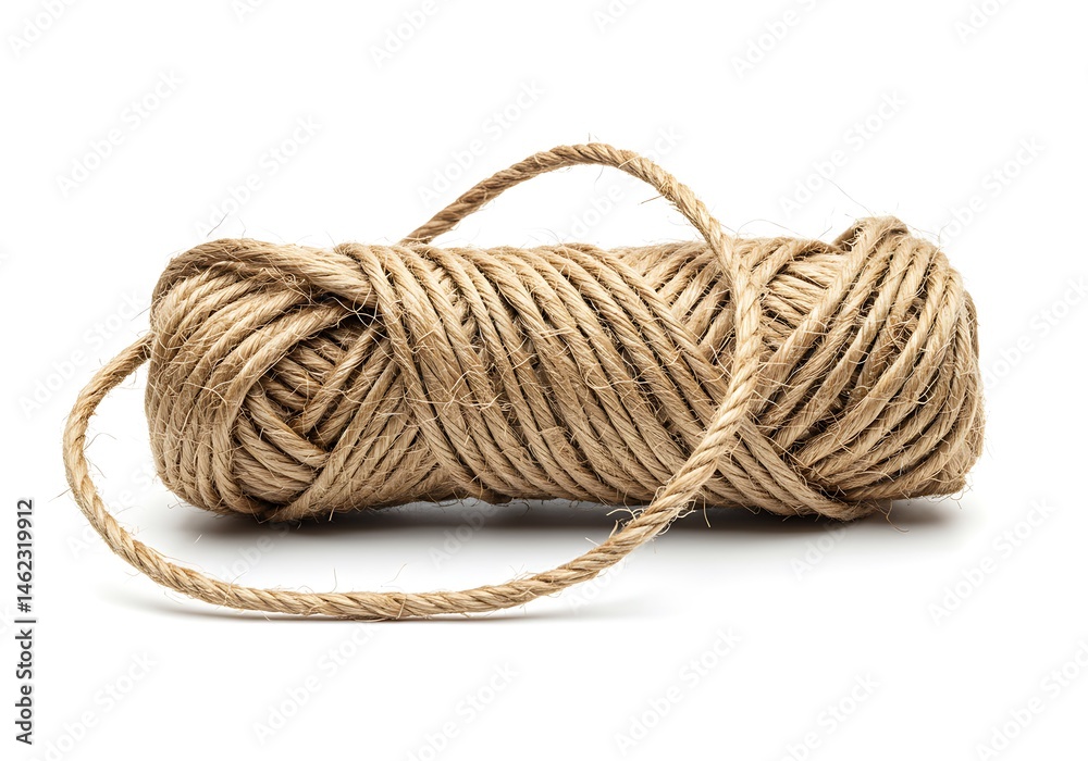 A close up studio shot of a roll of brown twine on a white background ...
