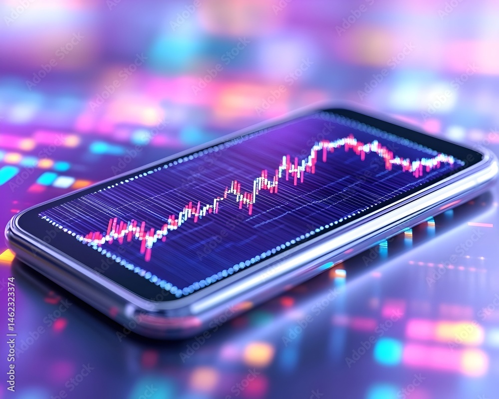 Mobile phone displaying a dynamic stock market graph, showcasing ...