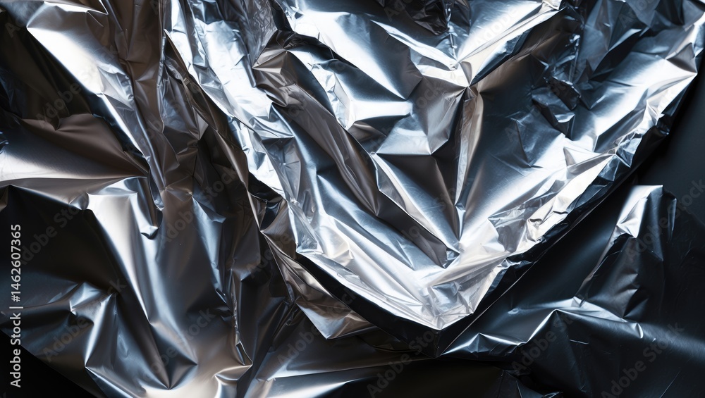 Black background with a wrinkly tinfoil sheet, top view and clipping ...