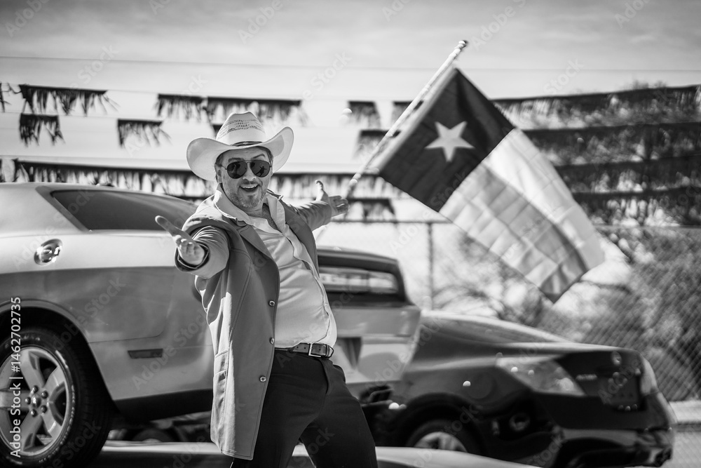 Car Salesman In Suit Wearing Cowboy Hat and Sunglasses Showing Off Car ...