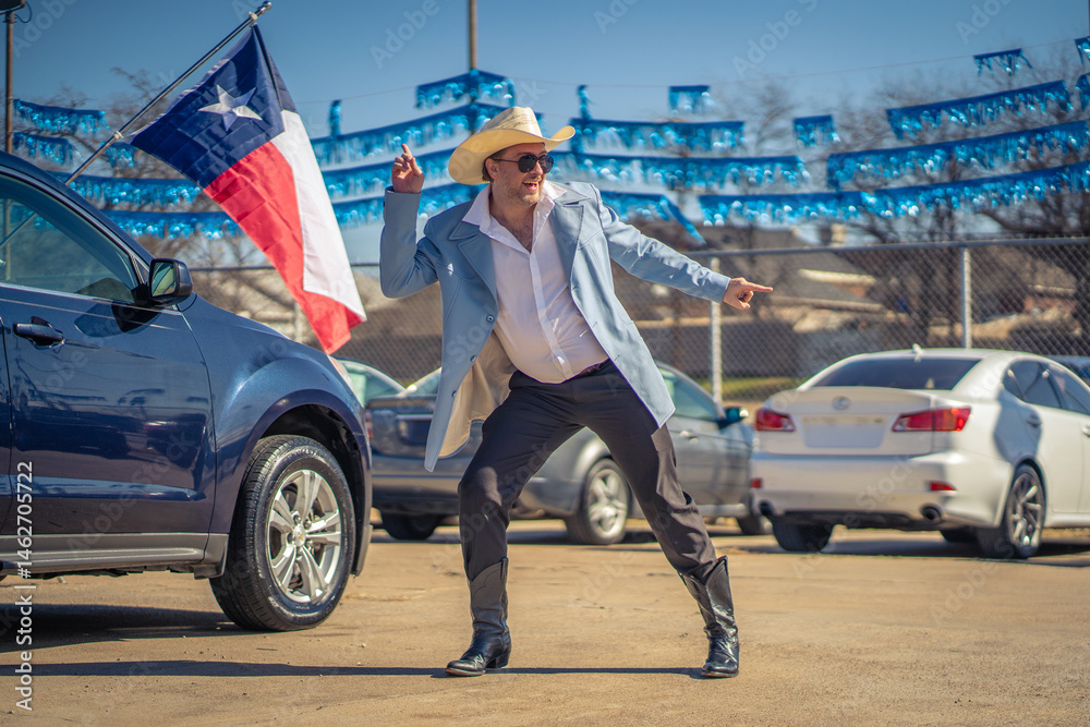 Car Salesman Wearing Suit With Cowboy Hat and Sunglasses Dancing In Car ...