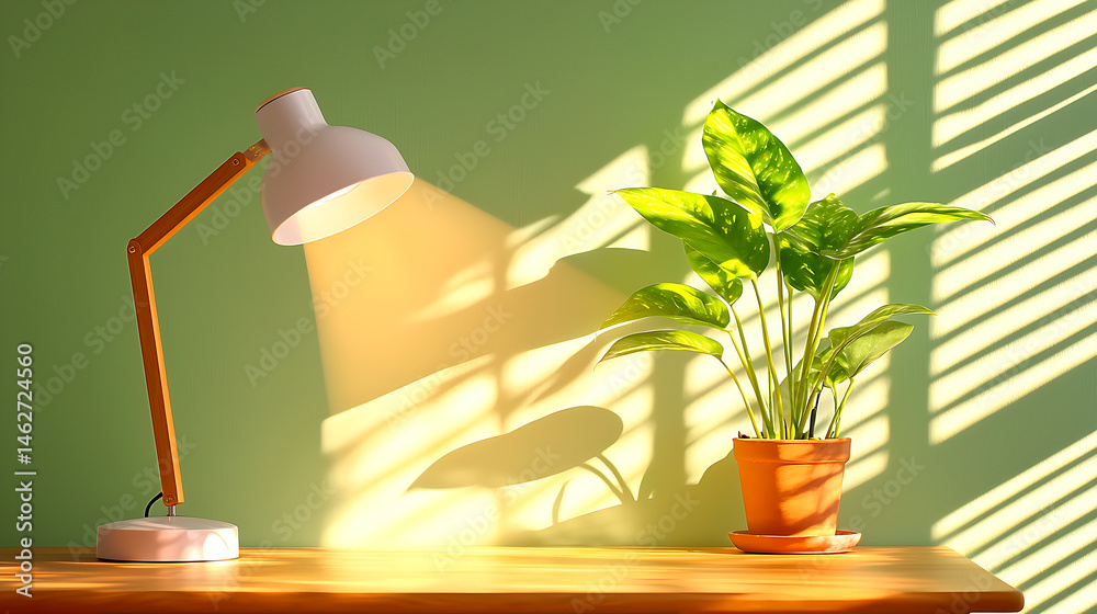 Wooden Desk with Lamp and Houseplant in Sunlight Stock Photo | Adobe Stock