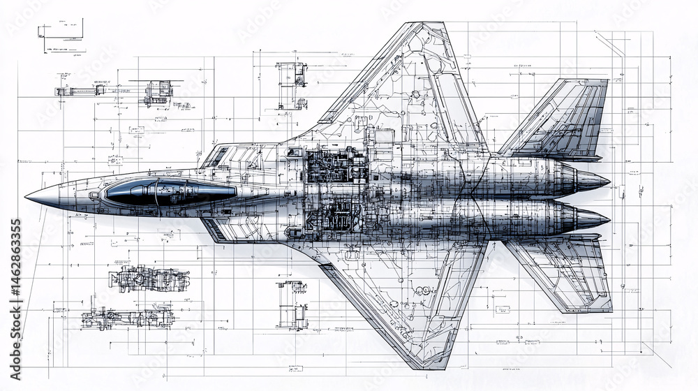 Detailed technical blueprint of a fighter jet aircraft design showcases ...