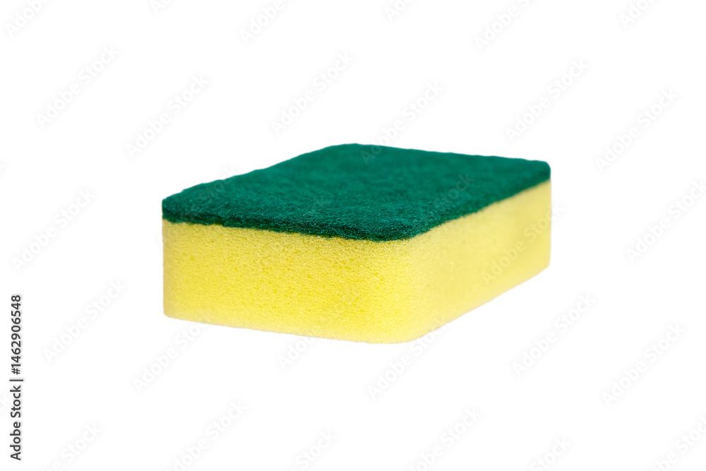 Yellow rectangular sponge with a green abrasive scrubbing surface ...