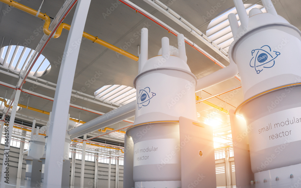concept of a SMR small modular nuclear reactor power plant on a sunny ...