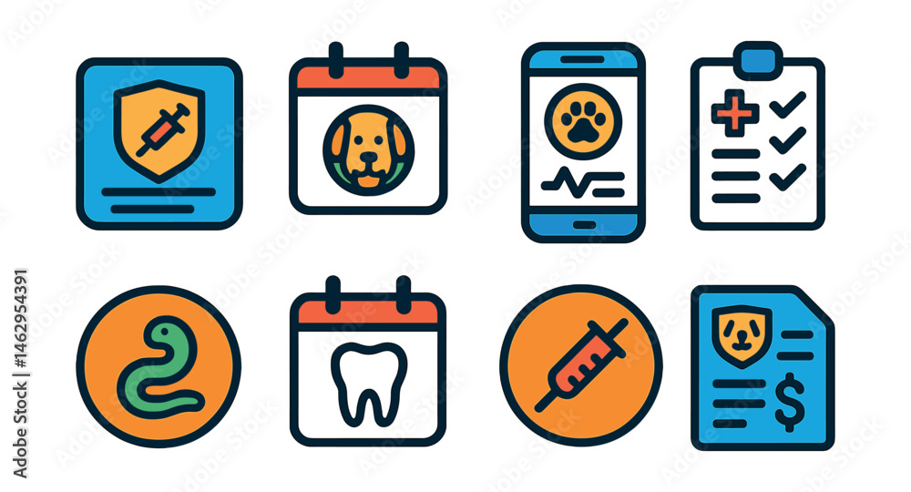 Flat vector icons of pet vaccinations and vet visits: vaccination ...