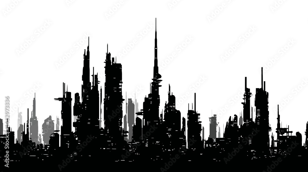 Cyberpunk city simple black silhouette vector isolated on white ...